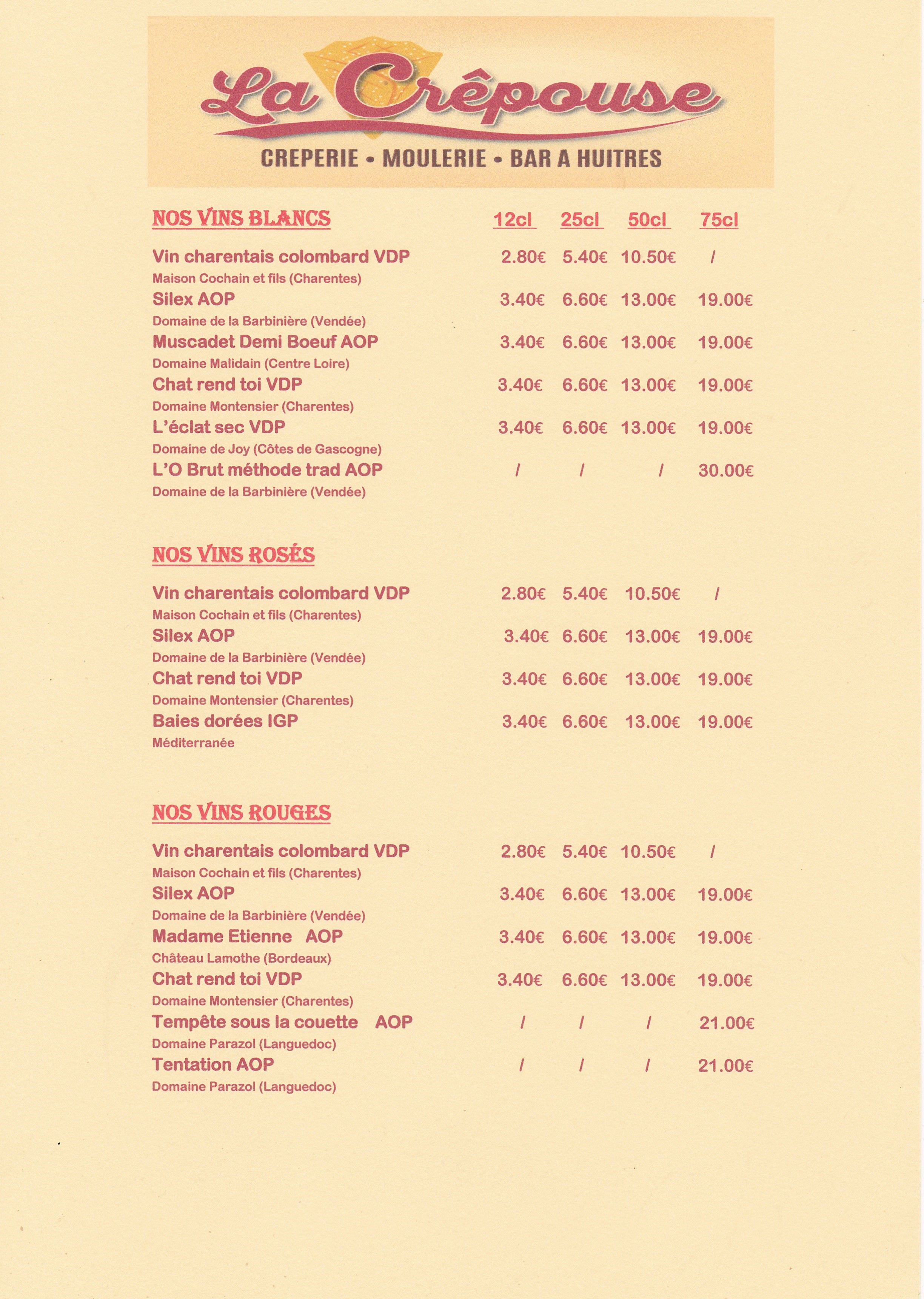 Notre carte | La Tranche-sur-Mer (85) | Restaurant La Crêpouse